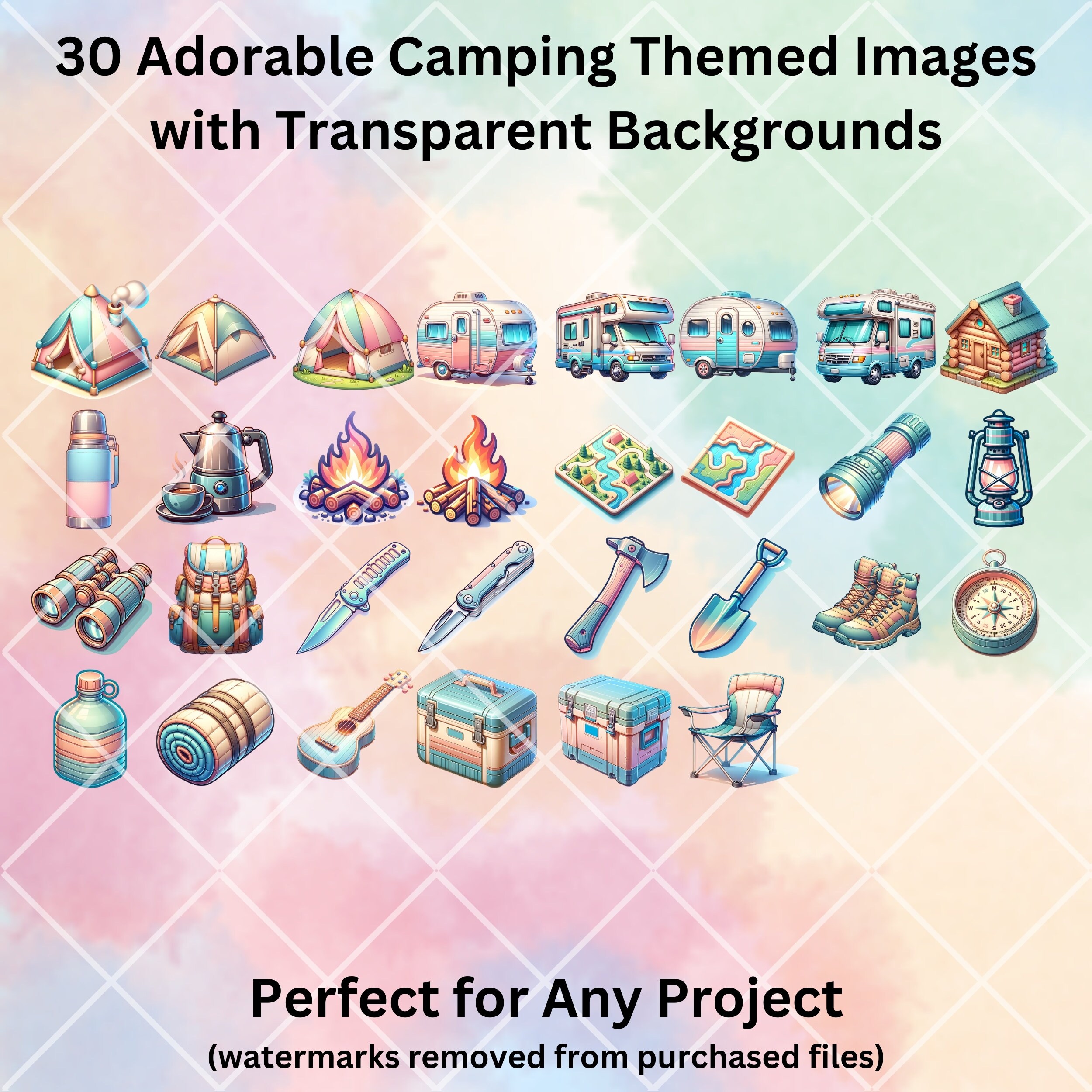 Camping Clipart Bundle Set of 30 Adorable Outdoor Themed PNG Files ...