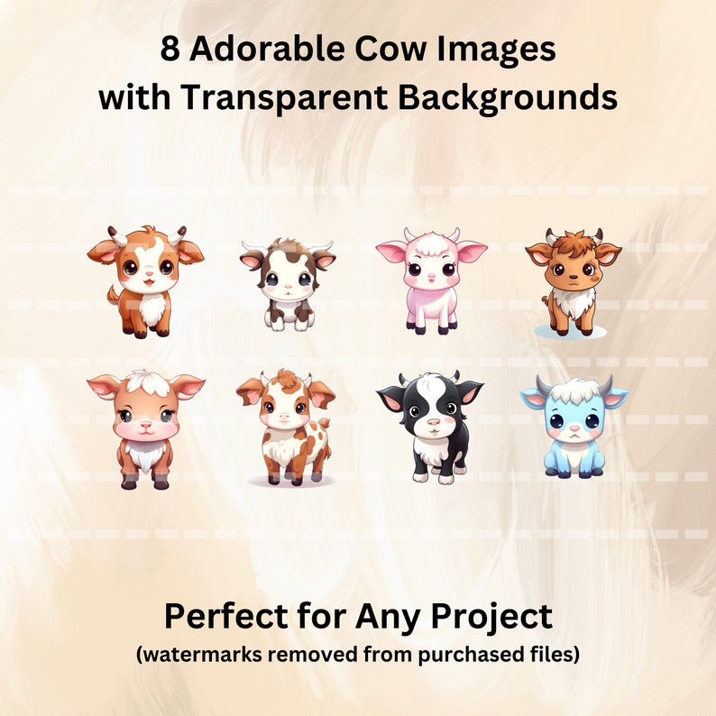 Cute Cow Clipart Set of 8 Clipart PNG Files Kawaii Cows Cute Cow ...