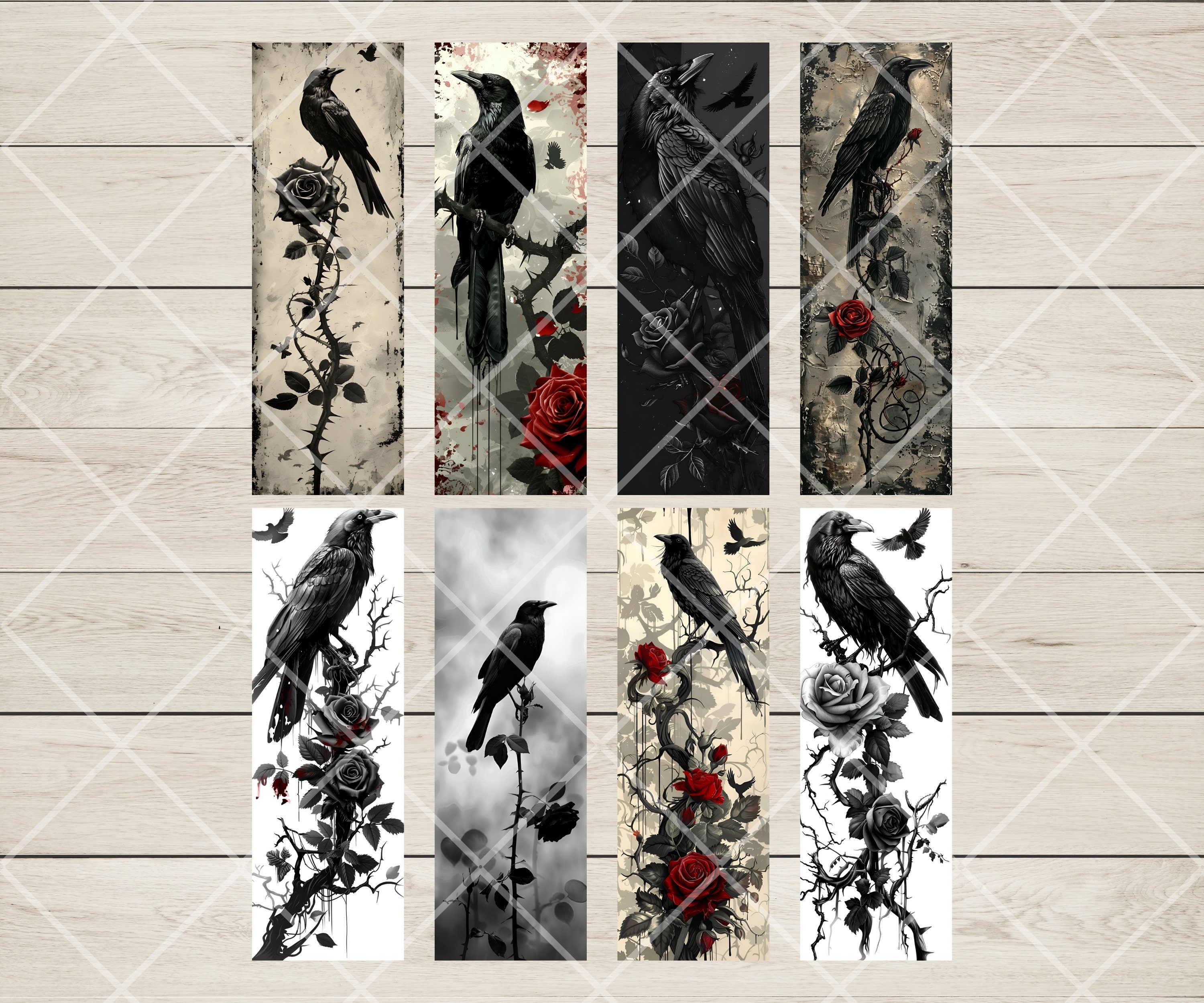 Ravens & Roses Printable Bookmarks Set of 8 Digital Download 11x8.5 PDF ...