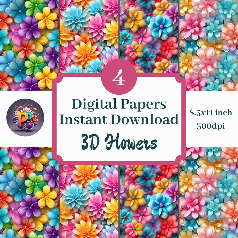 3D Rainbow Flowers Digital Paper, Printable Background Scrapbook Papers ...