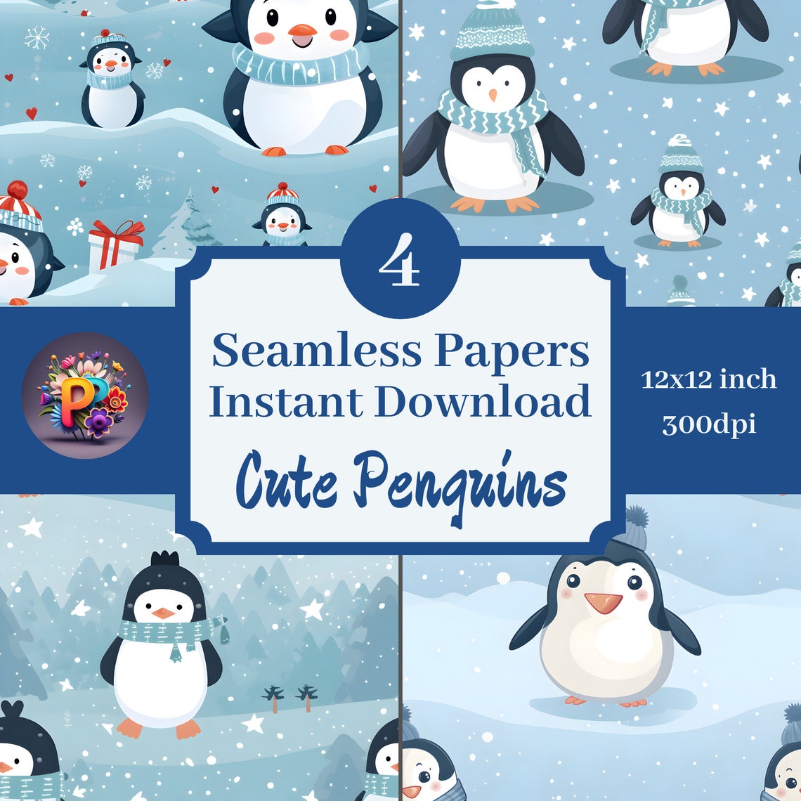 Cute Penguins Digital Paper, Printable Background, Scrapbook Papers ...