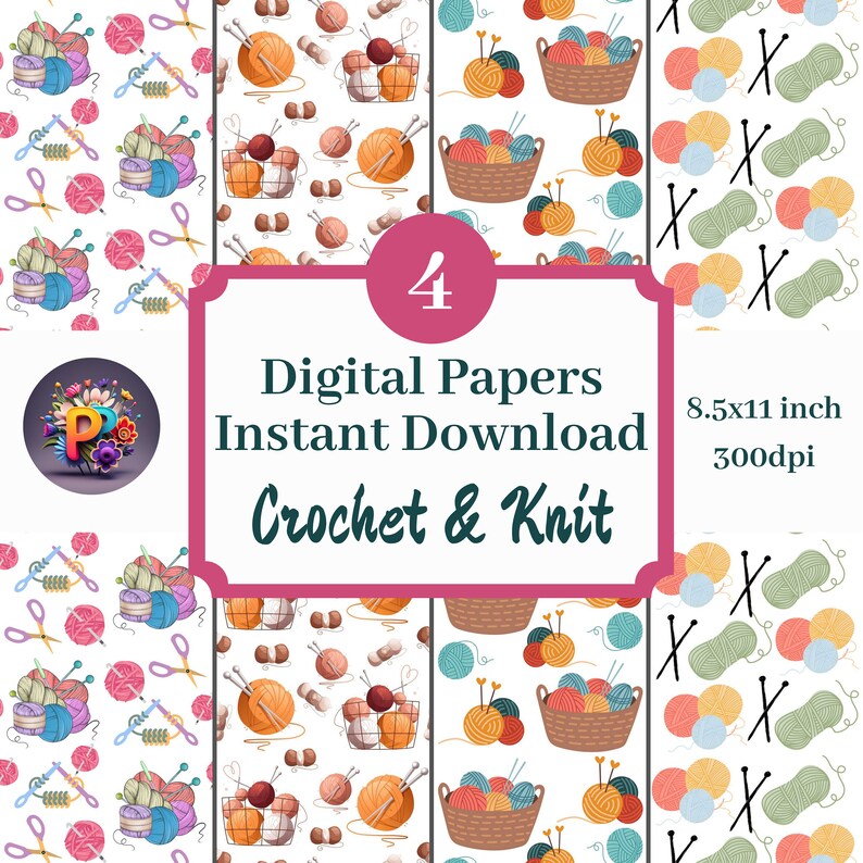Crochet and Knit Digital Paper, Printable Background Scrapbook Papers 8 ...