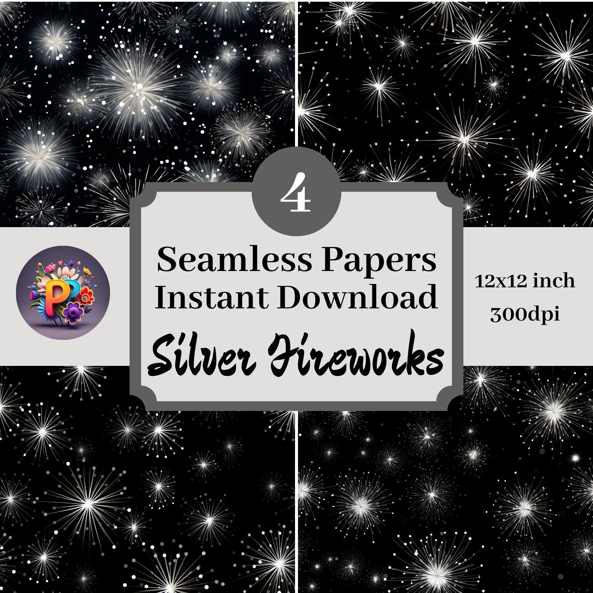 Silver Fireworks Digital Paper, Printable Background Scrapbook Papers ...