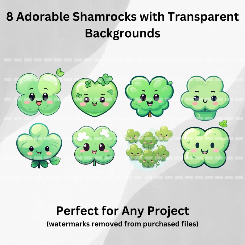 Cute Shamrock Clipart Bundle Set of 8 Clipart PNG Files Kawaii ...