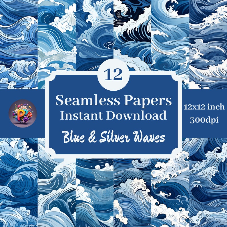 Ocean Waves Blue & Silver Theme Printable Background Scrapbook Papers ...