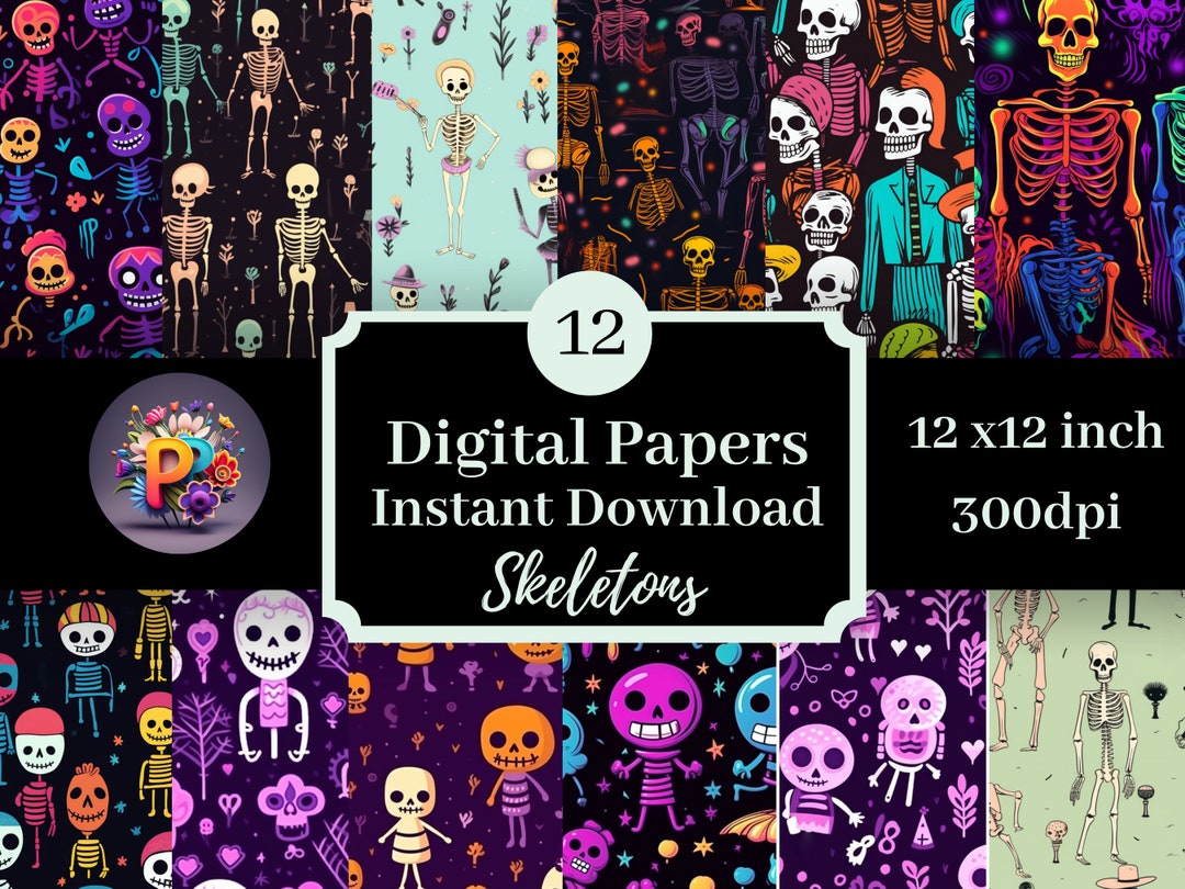 Skeletons Digital Paper, Printable Background, Scrapbook Papers, 12x12 ...