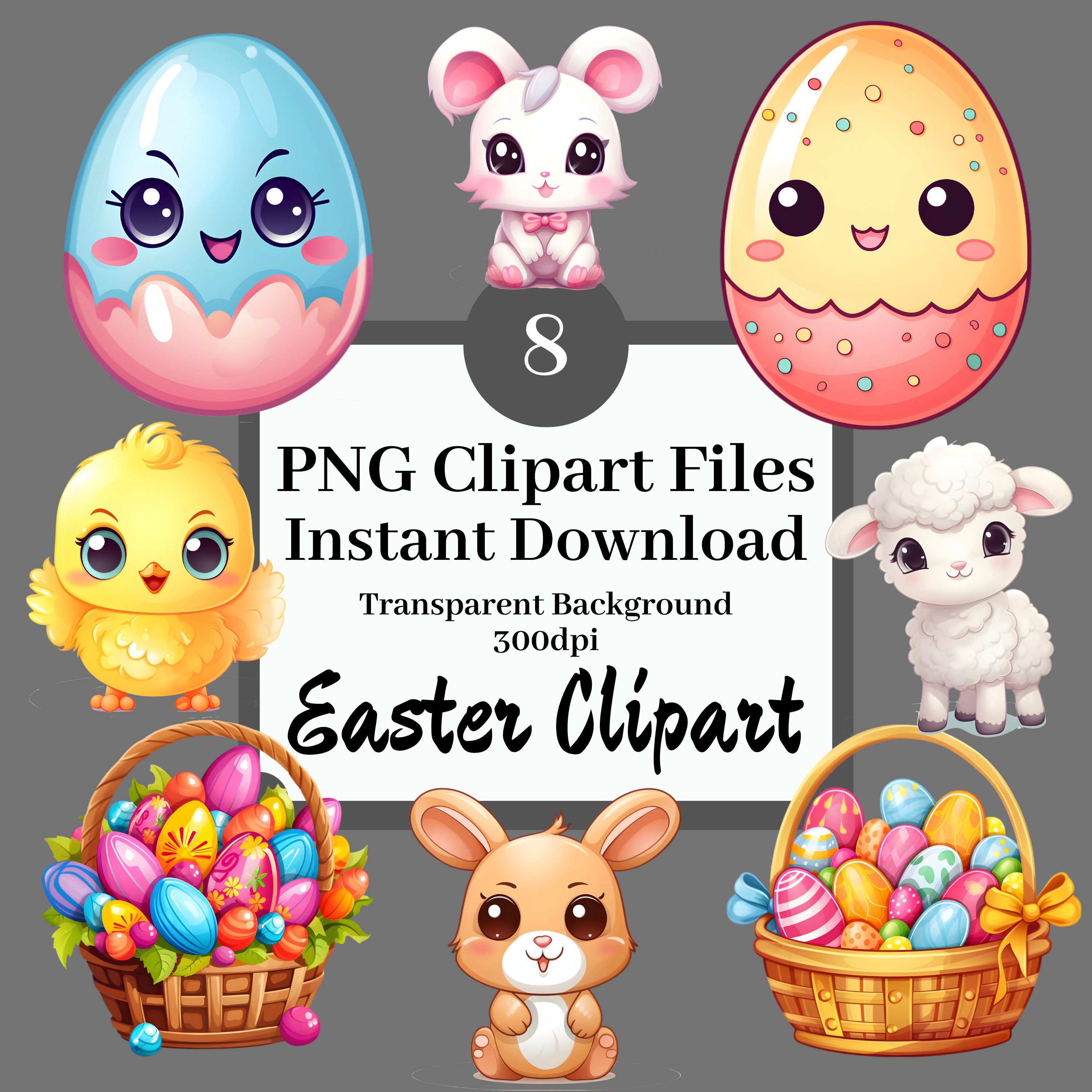 Easter Clipart Bundle Set of 8 Clipart PNG Files Kawaii Easter, Cute ...