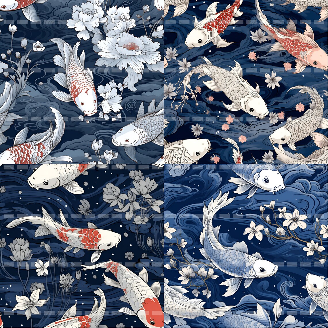 Koi Fish Digital Paper Blue & Silver Theme Printable Background ...