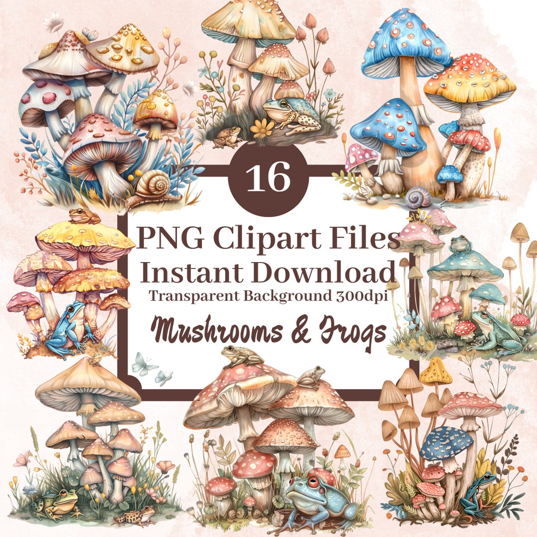 Mushrooms and Frogs Clipart Bundle Set of 16 PNG Transparent Background ...