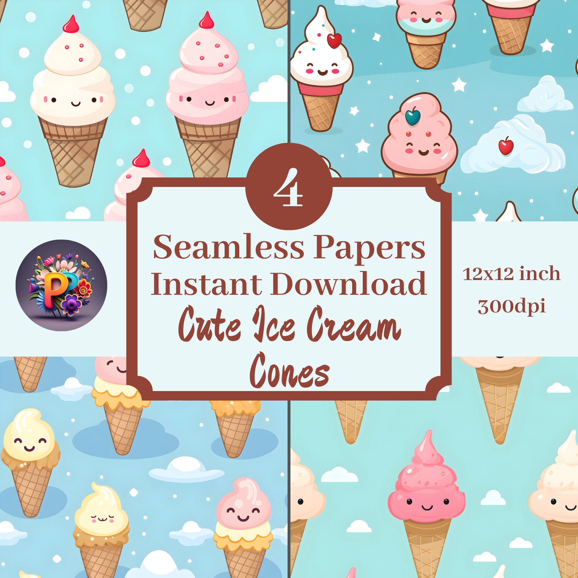 Cute Ice Cream Cones Printable Background Scrapbook Papers 12x12 ...