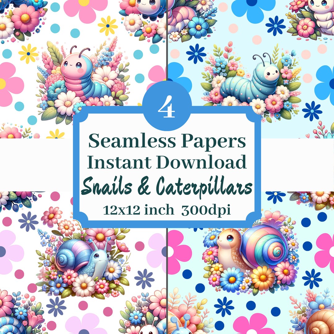 Snails & Caterpillars 12x12 Seamless Pattern Digital Paper Printable ...