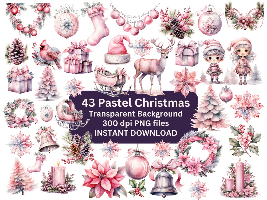 Pastel Christmas Clipart Set, Snowflake Clipart, Xmas Clipart, Pink ...