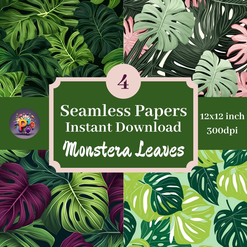 Monstera Leaves Printable Background Scrapbook Papers, 12x12 Seamless ...