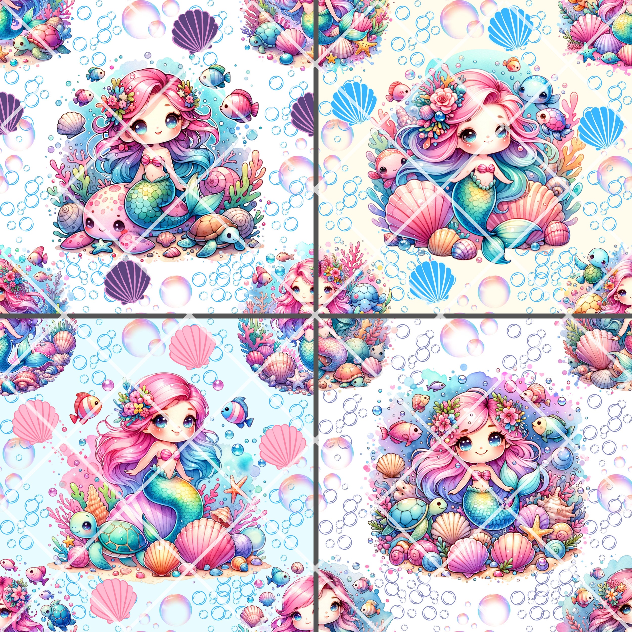 Cute Mermaids 12x12 Seamless Pattern Digital Paper Printable Background ...