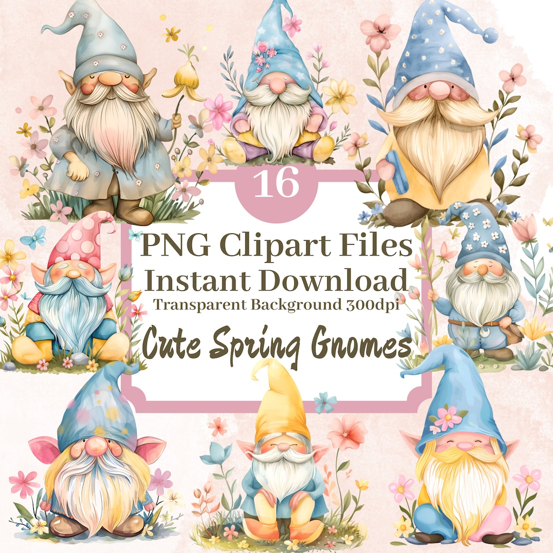 Cute Spring Gnome Clipart Bundle Set of 16 PNG Transparent Background ...