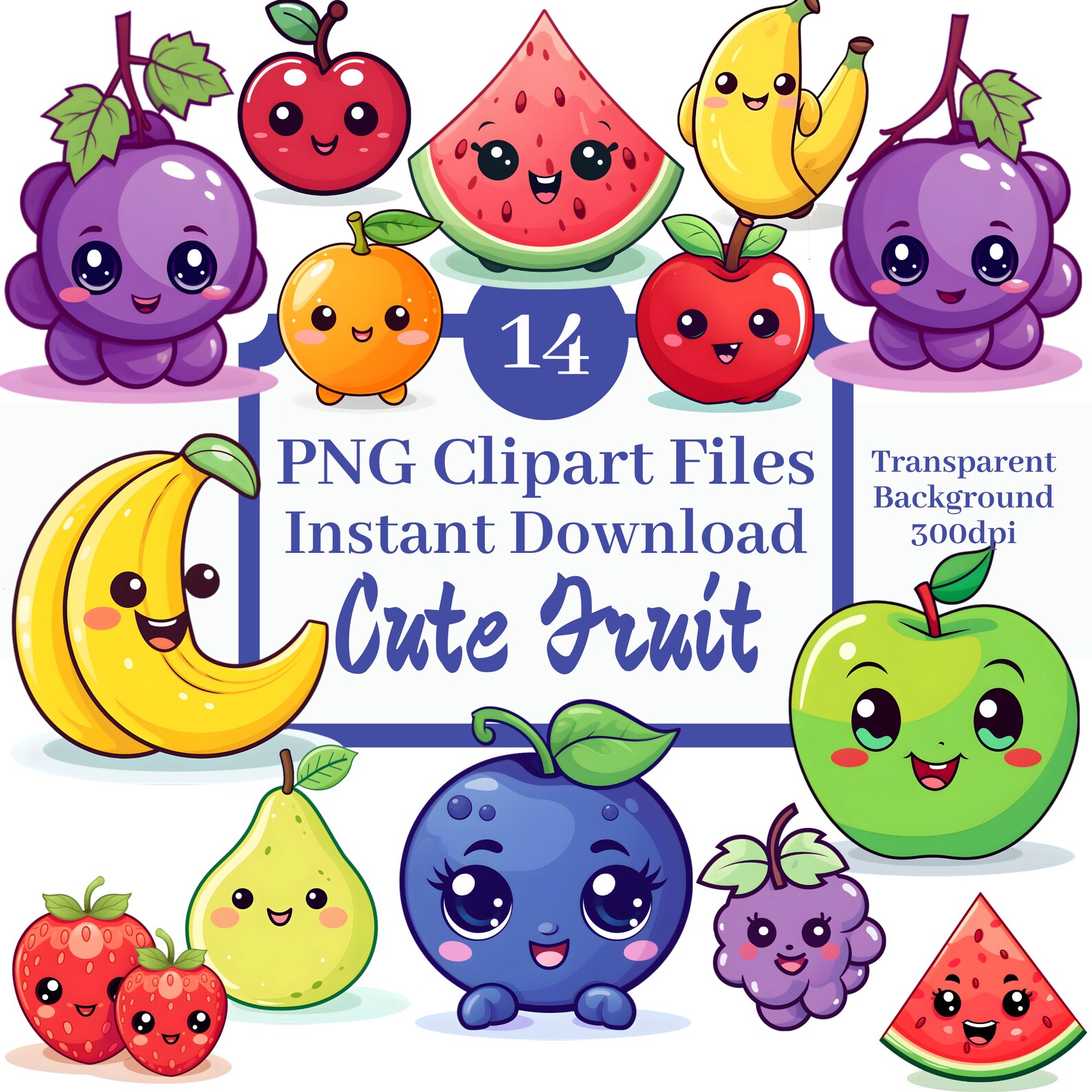 Cute Fruit Clipart Set of 14 Clipart Files Kawaii Fruit Banana Grapes ...