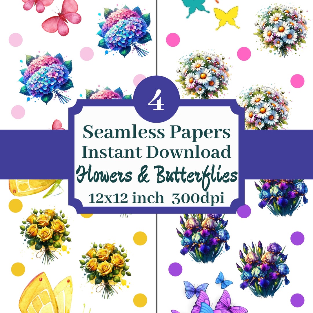 Flowers & Butterflies 12x12 Seamless Pattern Digital Paper Printable ...