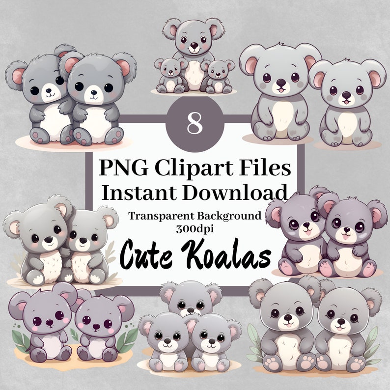 Cute Koala Clipart Set of 8 Clipart PNG Files Kawaii Koala Bears Cute ...