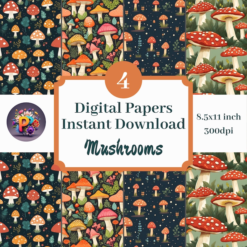 Mushrooms Digital Paper, Printable Background Scrapbook Papers 8.5x11 ...