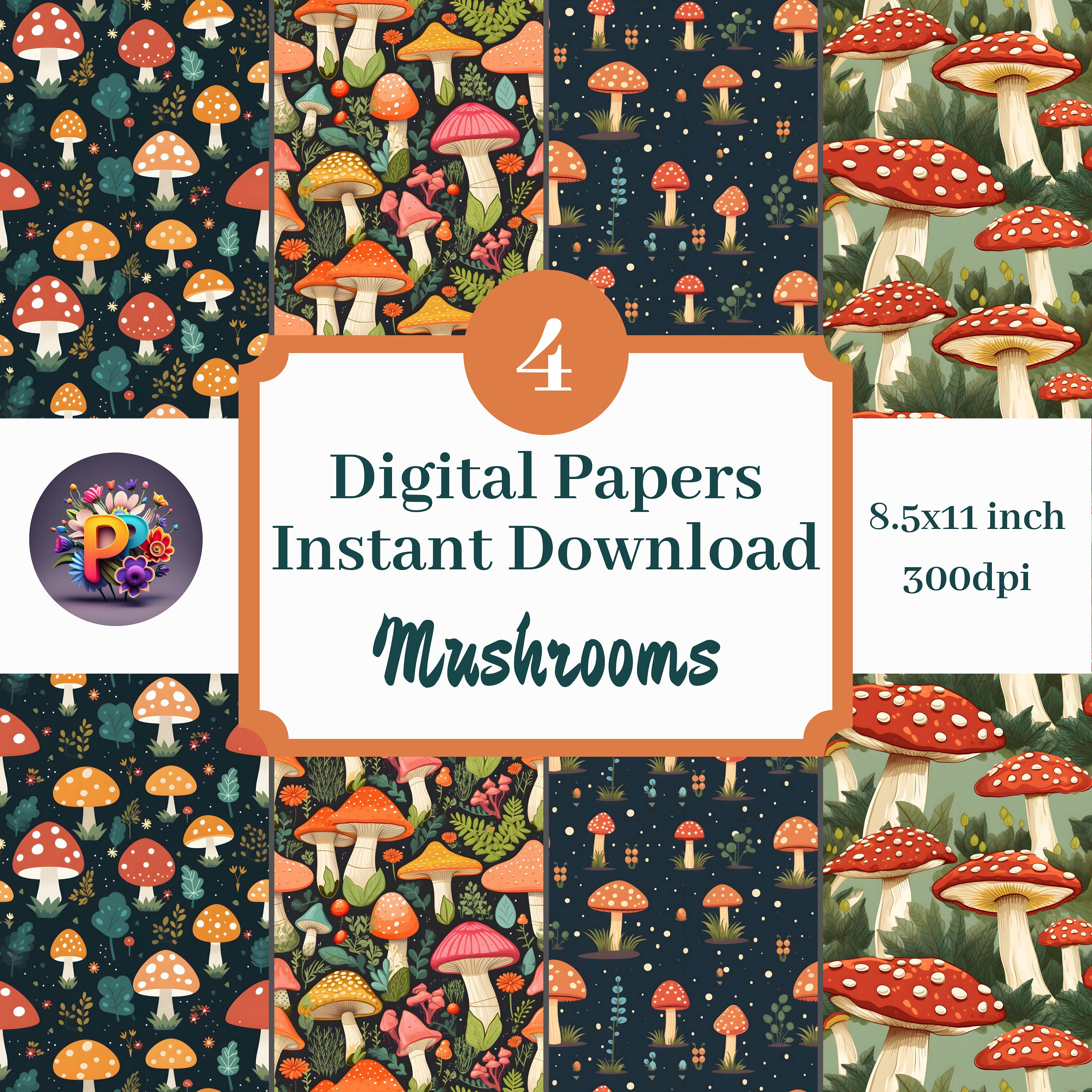 Mushrooms Digital Paper, Printable Background Scrapbook Papers 8.5x11 ...