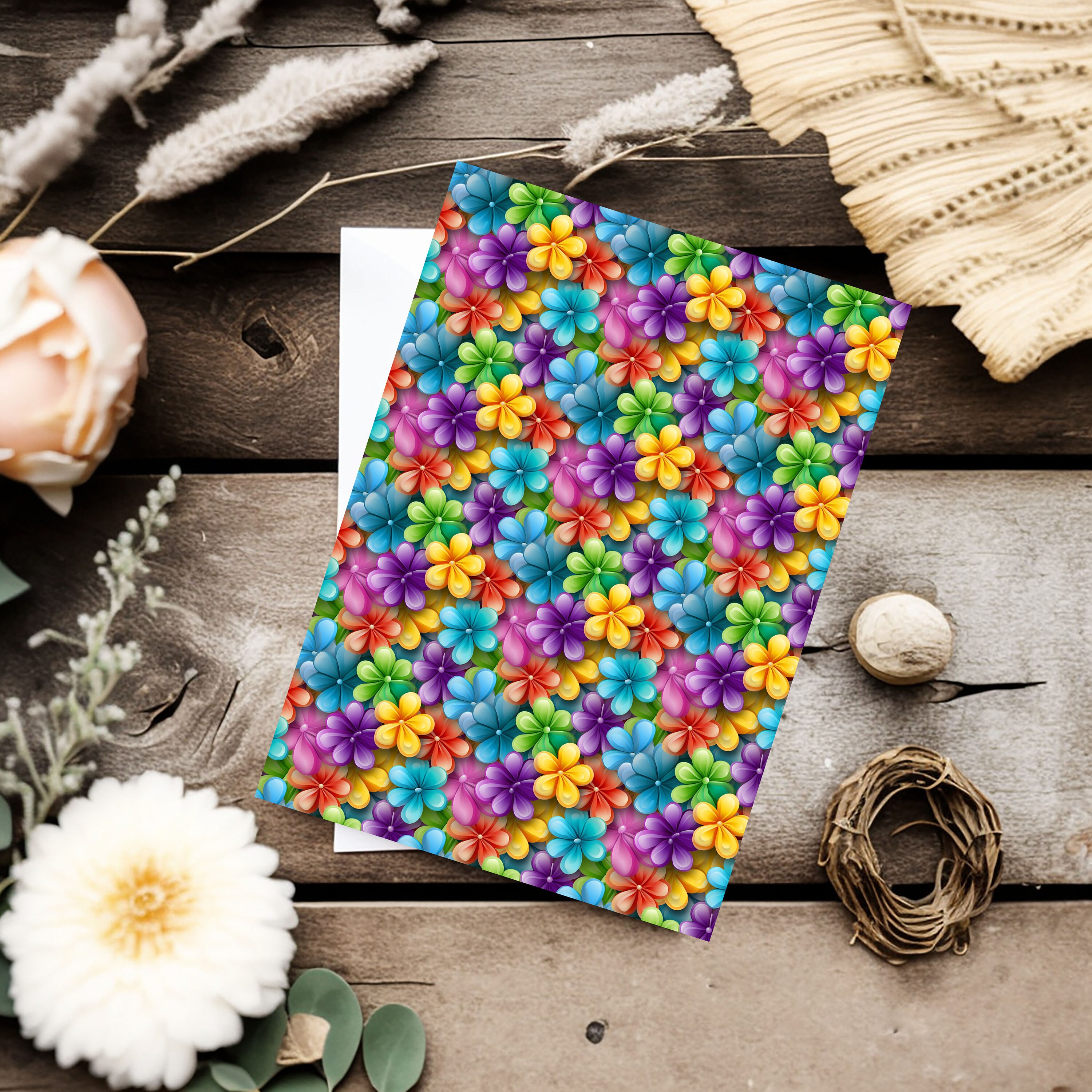 3D Rainbow Flowers Digital Paper, Printable Background Scrapbook Papers ...
