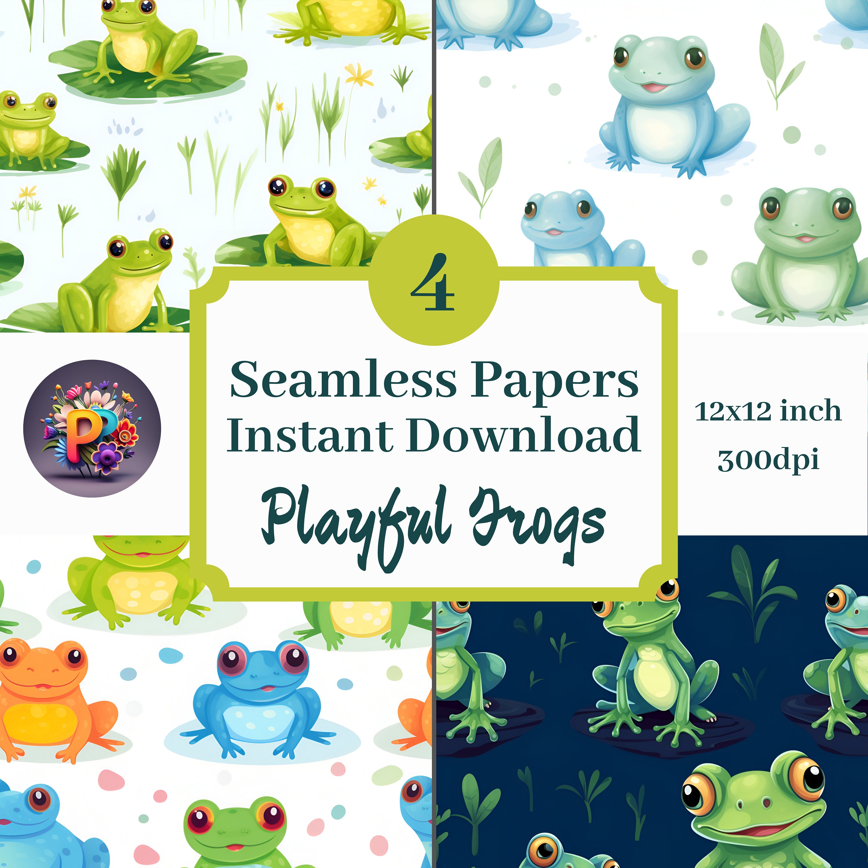 Playful Frogs Digital Paper Printable Background Scrapbook Papers 12x12 ...