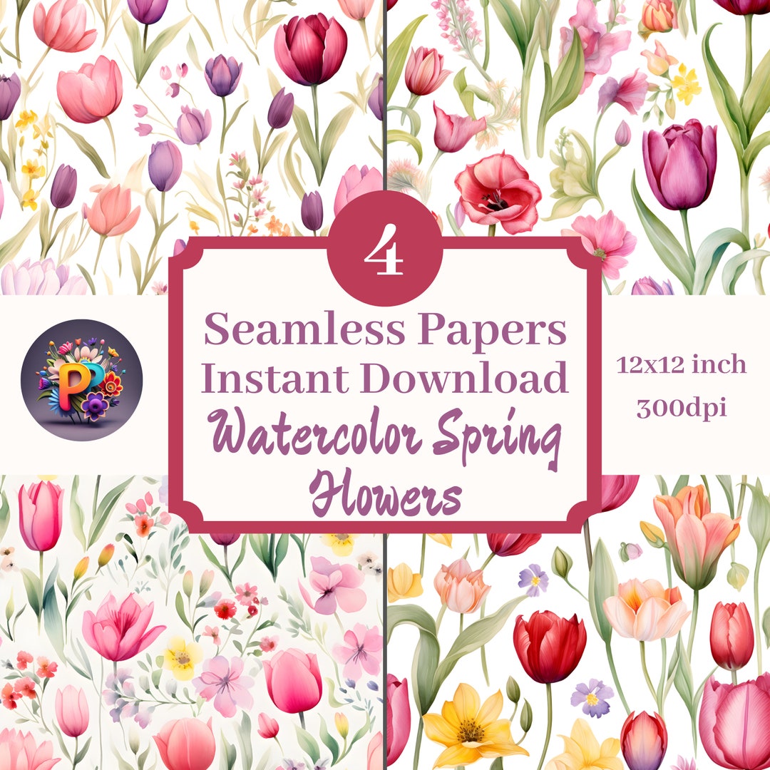 Watercolor Spring Flowers Printable Background Scrapbook Papers 12x12 ...