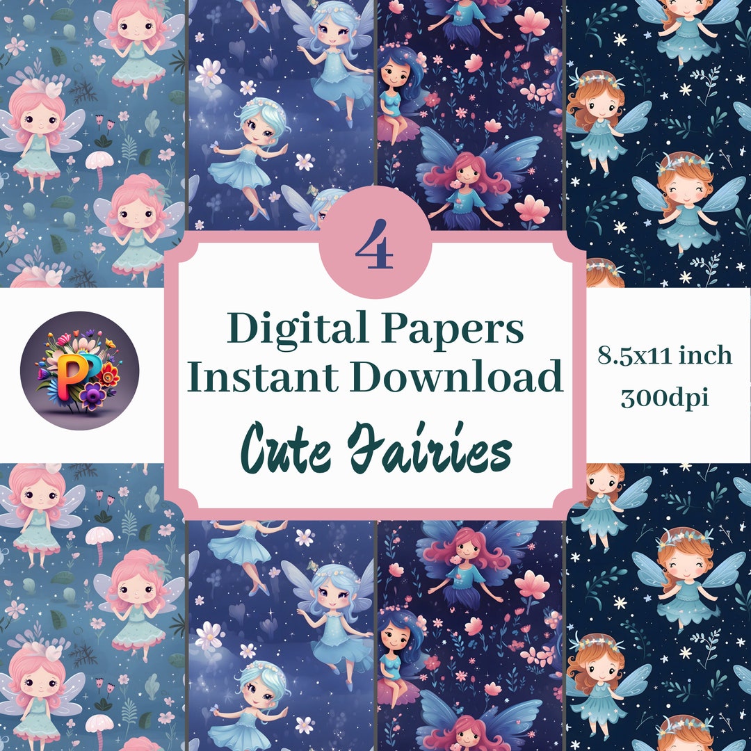 Cute Fairies Digital Paper, Printable Background Scrapbook Papers 8 ...