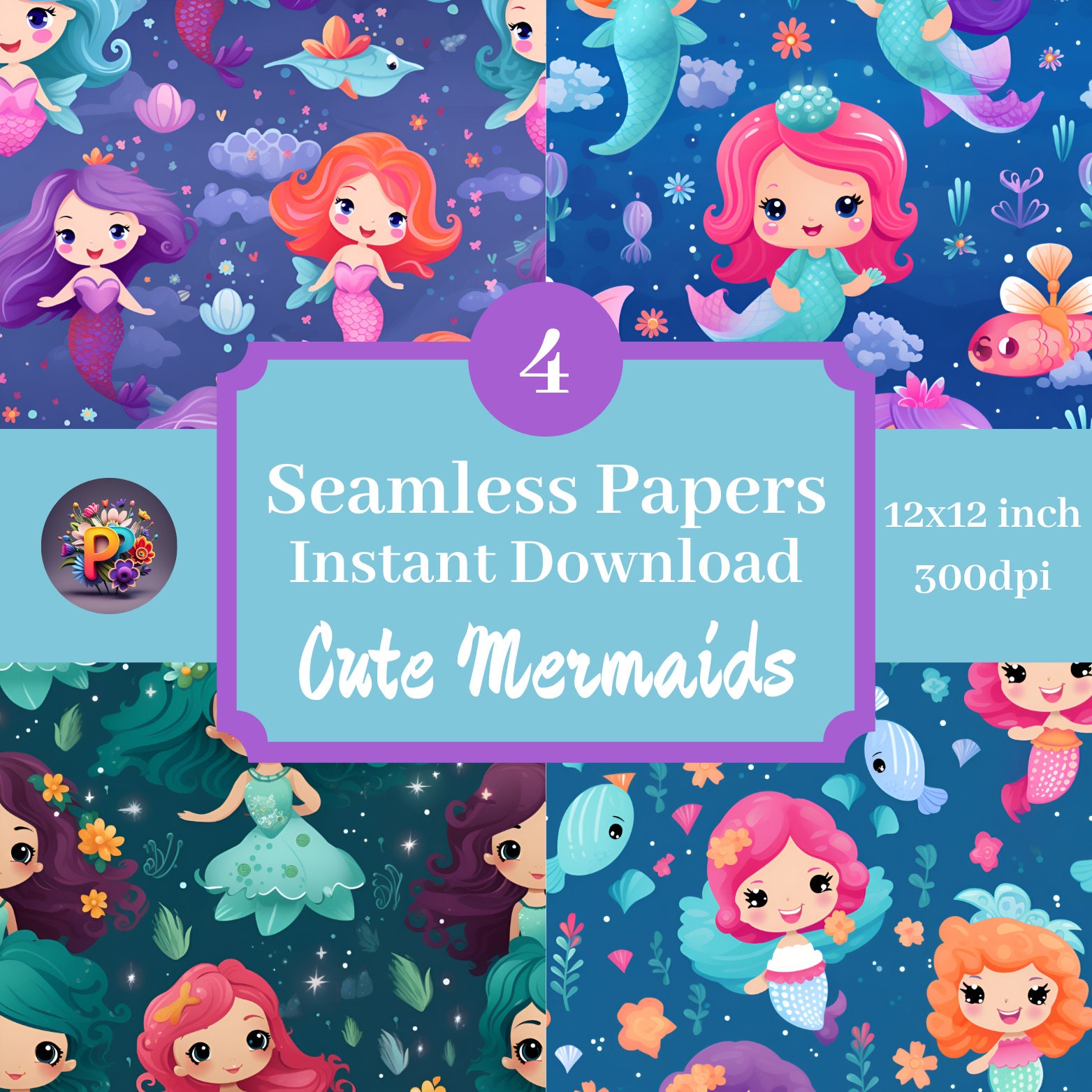 Cute Mermaids Printable Background Scrapbook Papers, 12x12 Seamless JPG ...