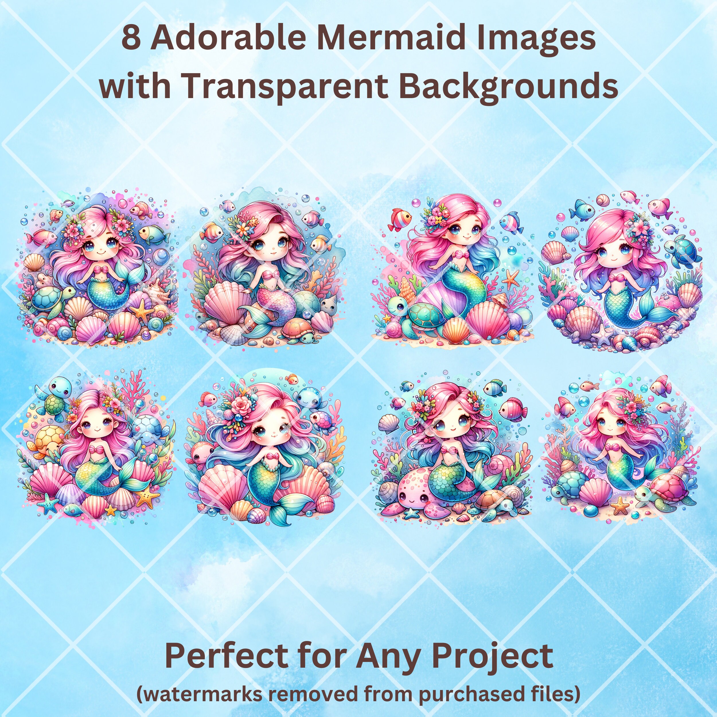 Cute Mermaids Clipart Bundle Set of 8 PNG Transparent Background Files ...