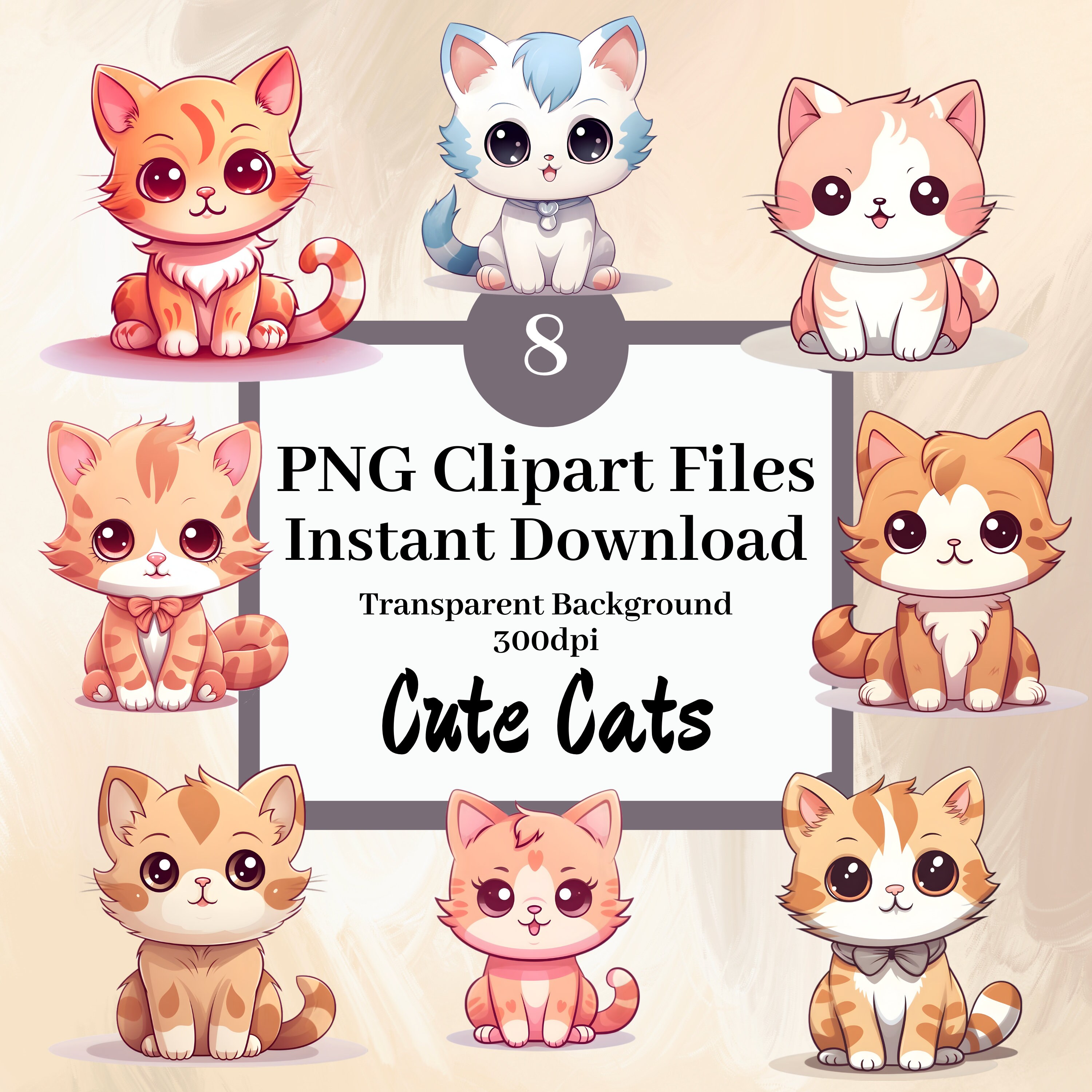 Cute Cat Clipart Set of 8 Clipart PNG Files, Instant Download, Cat ...