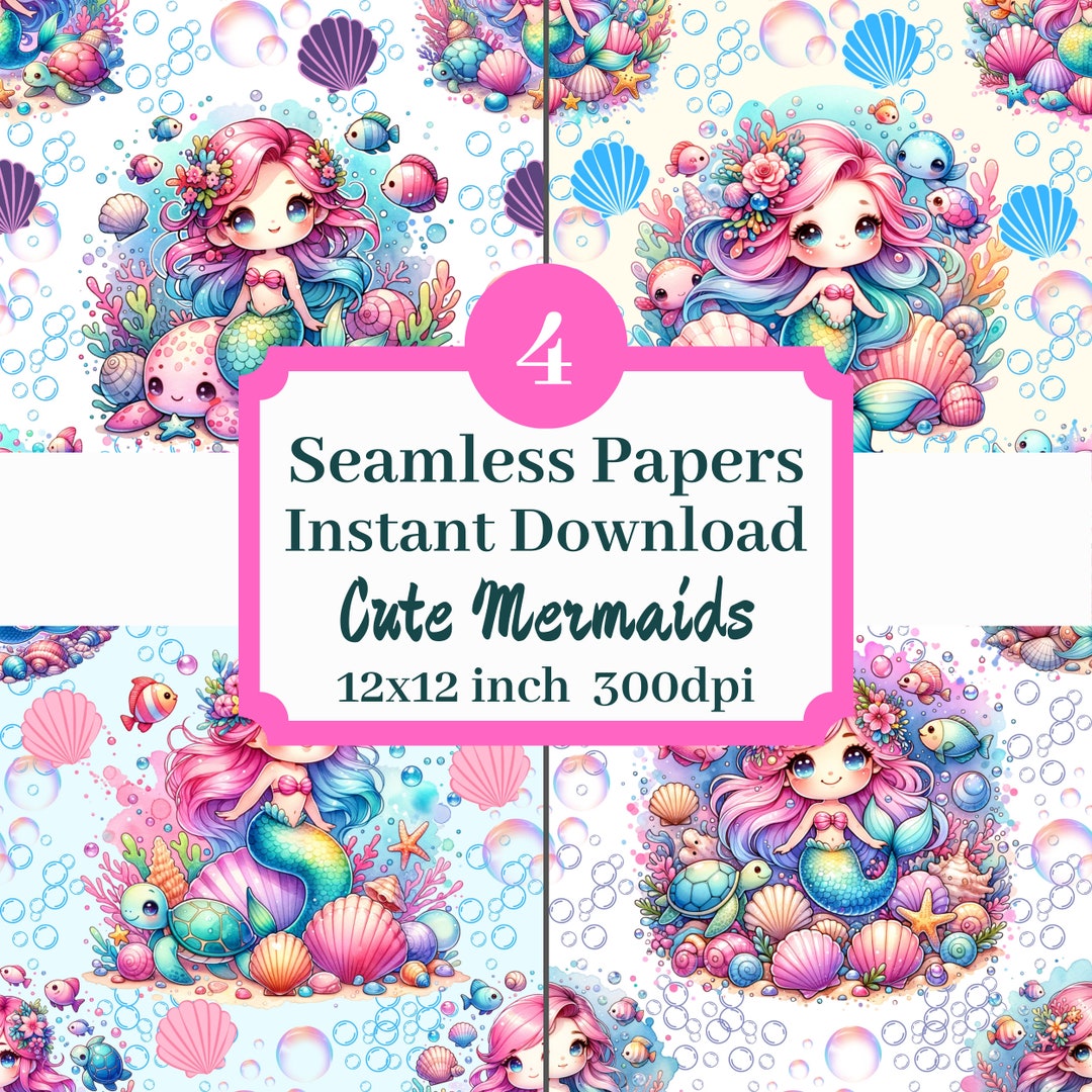 Cute Mermaids 12x12 Seamless Pattern Digital Paper Printable Background ...