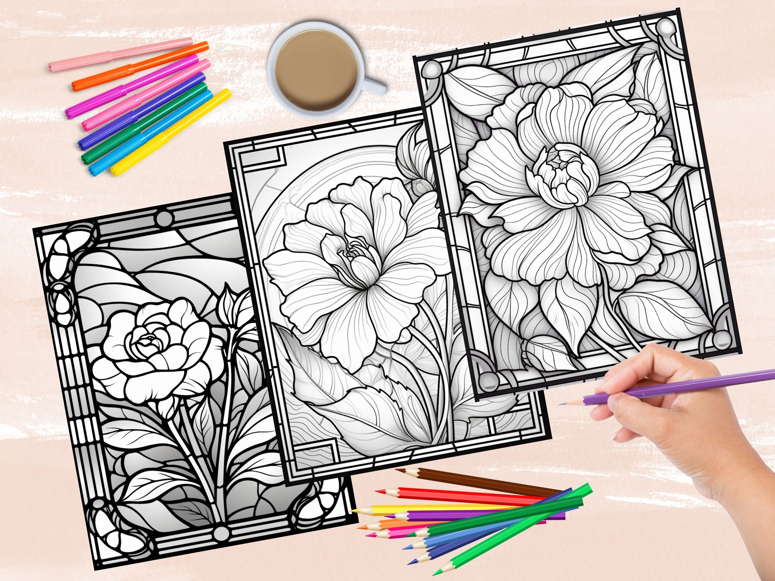 Stained Glass Flowers Coloring Book Floral Coloring Pages - Etsy