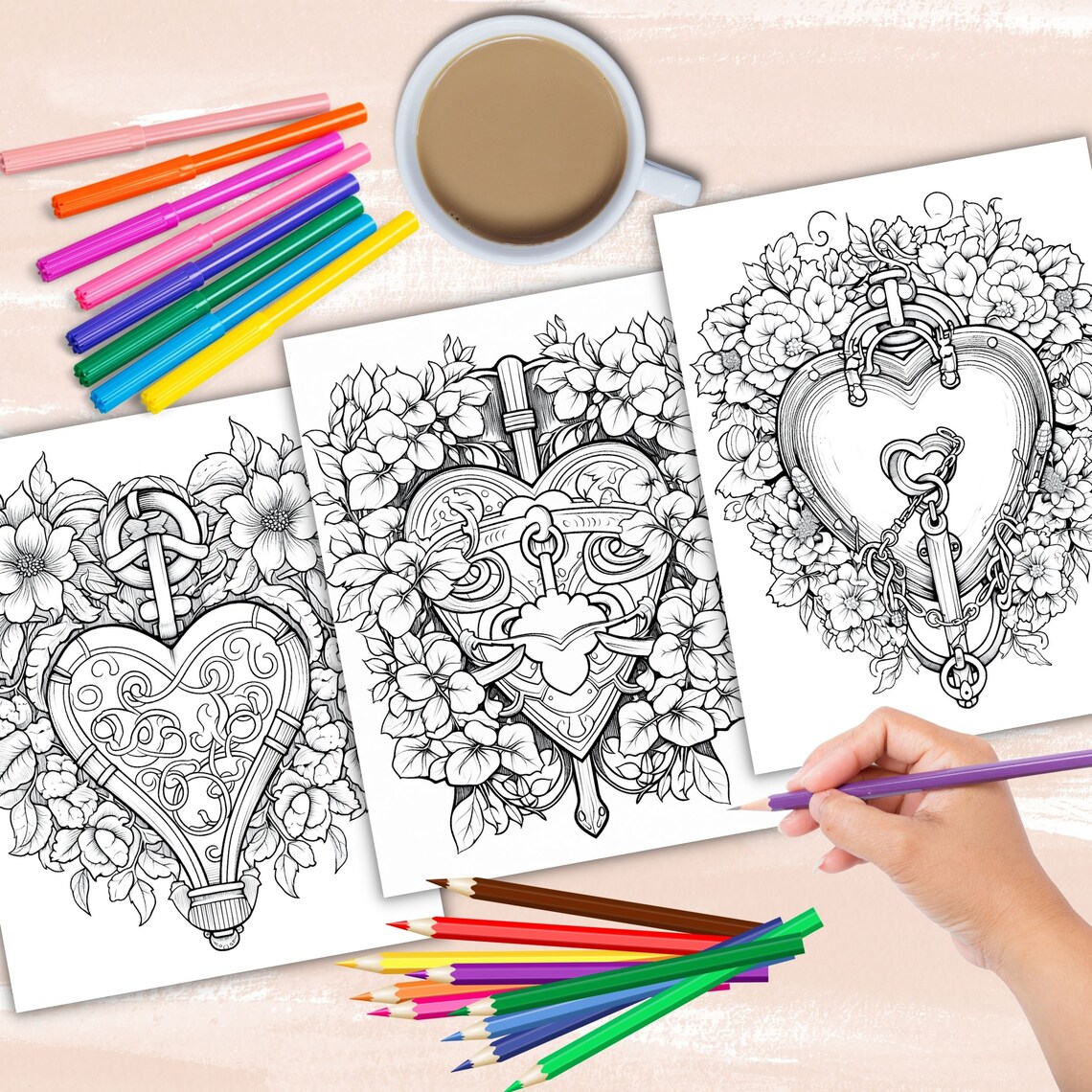 Love Locks Coloring Book, Floral Heart Padlock Coloring Pages, Love ...