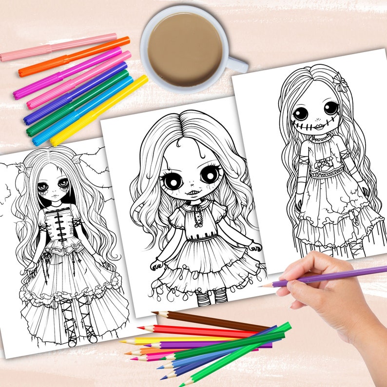Creepy Gothic Dolls Coloring Book, Spooky Gothic Girl Coloring Pages ...