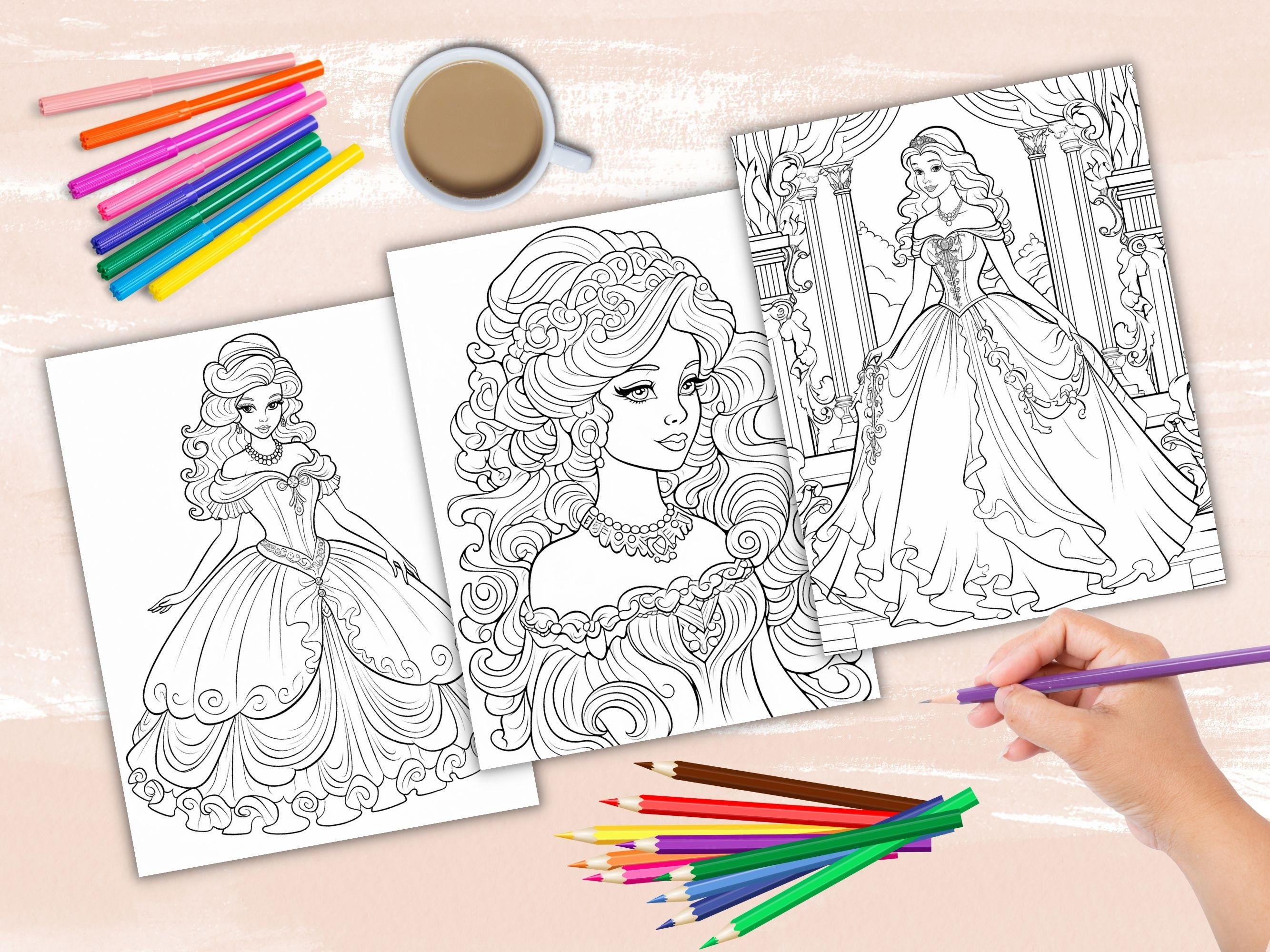 Enchanted Princesses Coloring Pages Fairytale Fantasy - Etsy