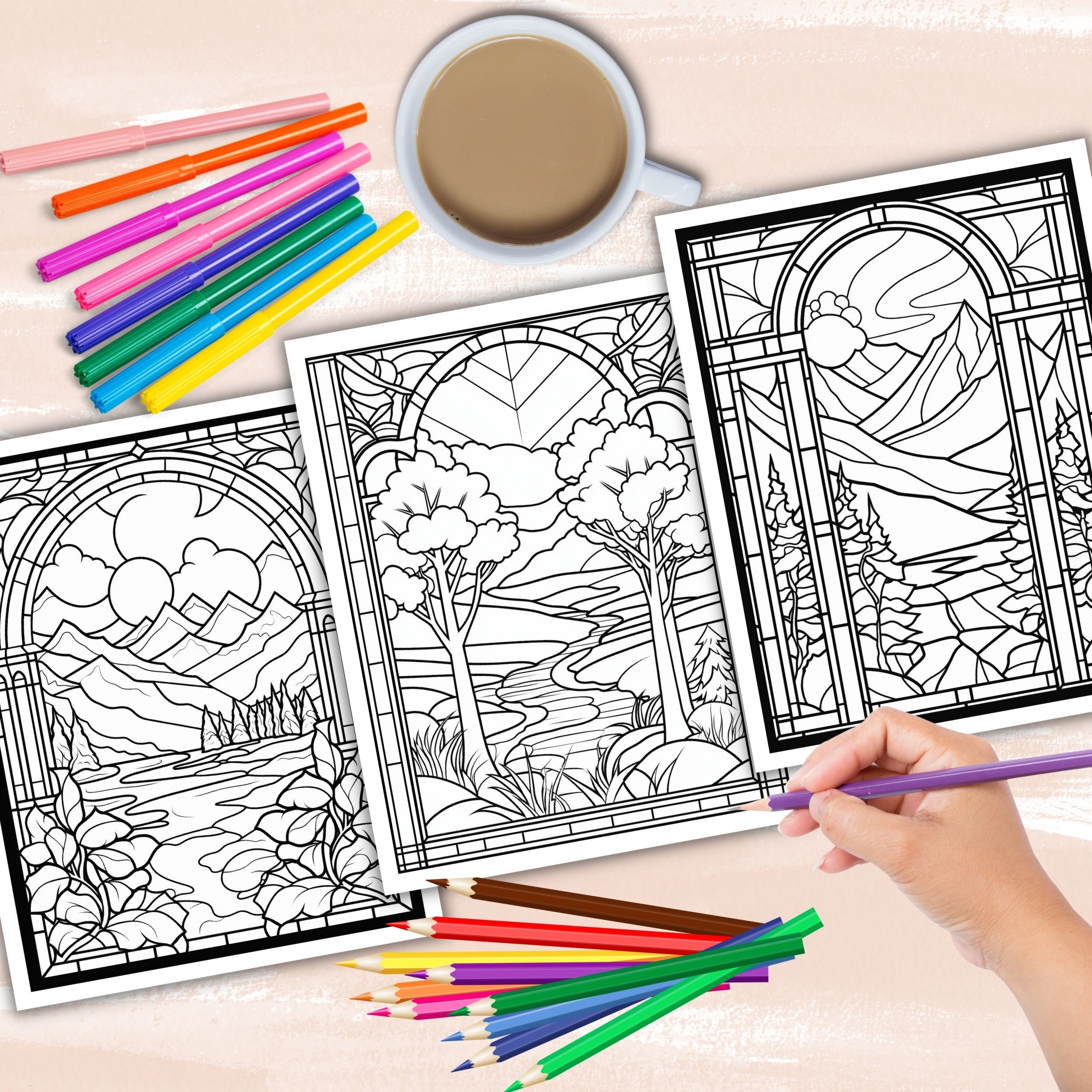 Stained Glass Landscapes Coloring Book, Relaxing Scenery Coloring Pages ...