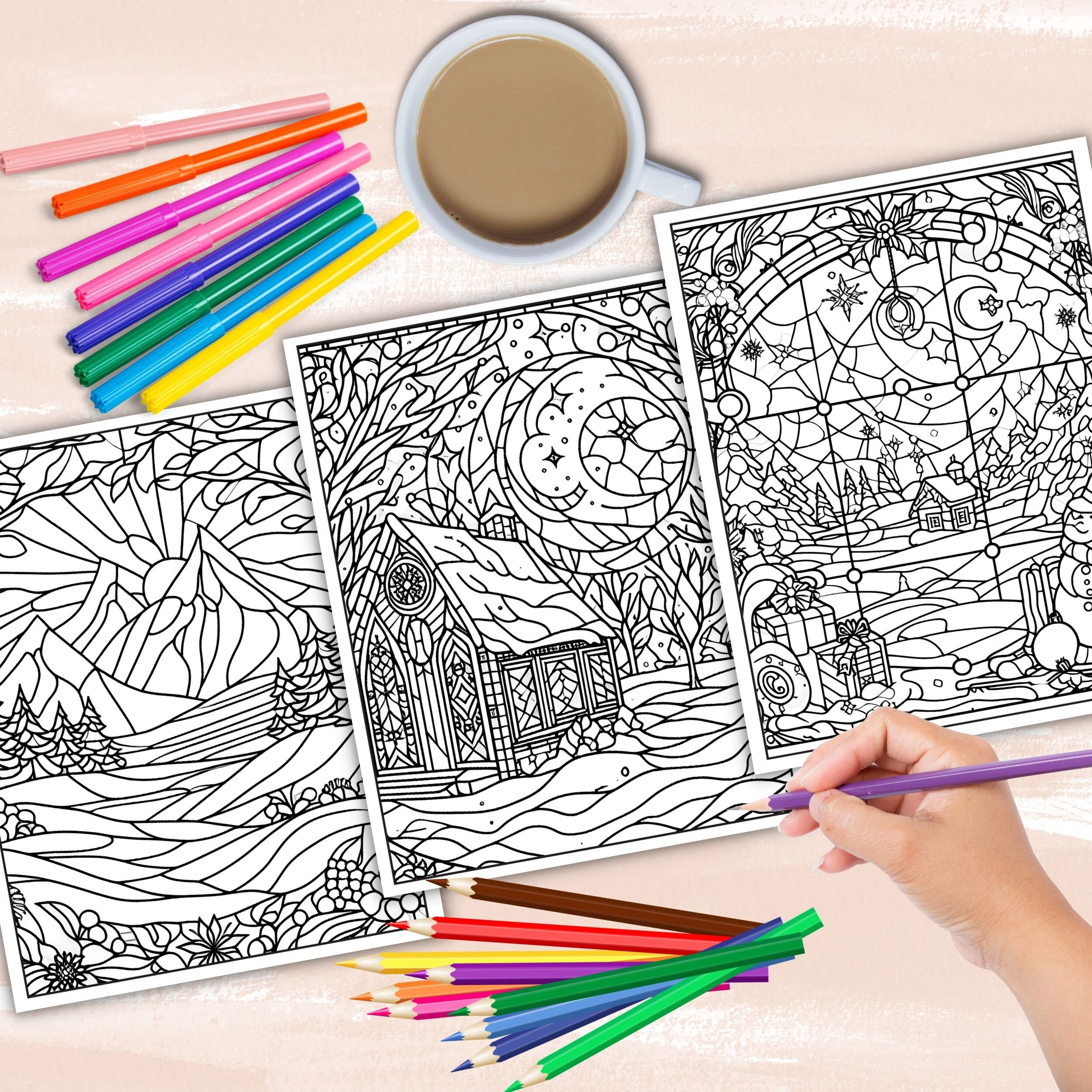 Stained Glass Winter Coloring Book, Stained Glass Scenery Coloring ...