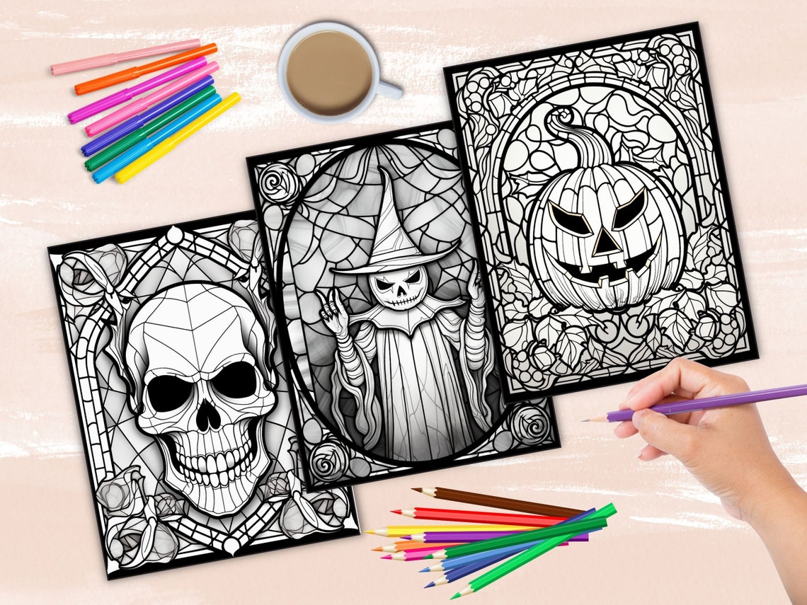 Stained Glass Halloween Coloring Book Grayscale Halloween - Etsy