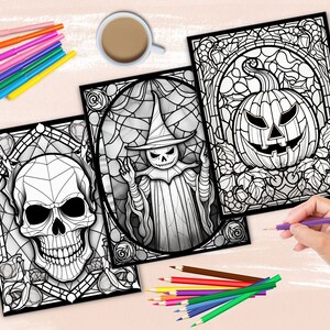 Stained Glass Halloween Coloring Book Grayscale Halloween - Etsy