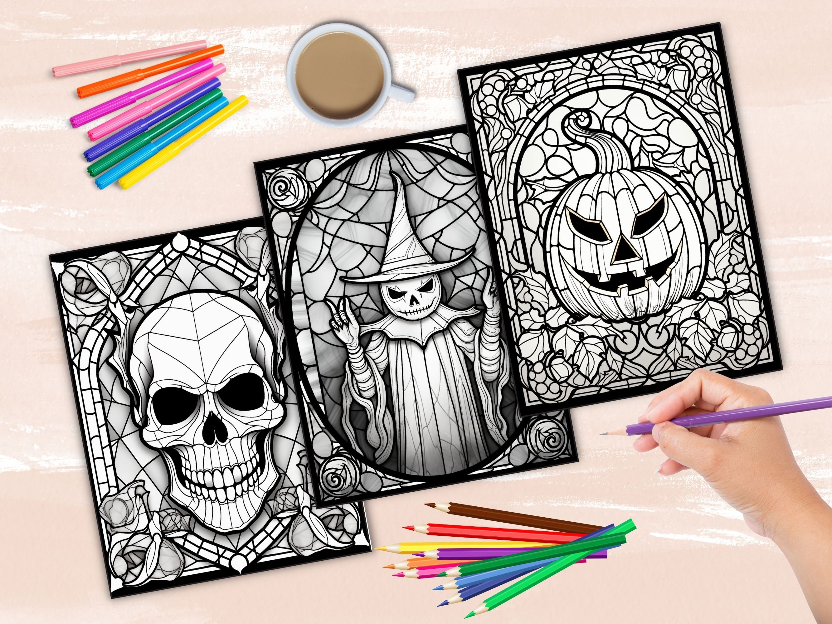 Stained Glass Halloween Coloring Book Grayscale Halloween - Etsy