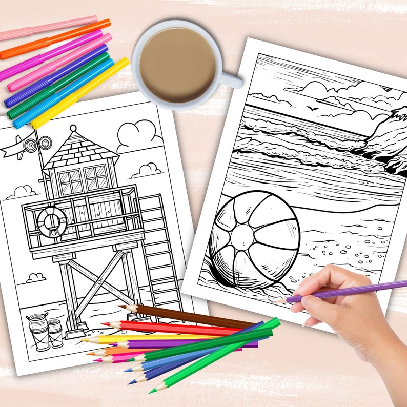 Summer Vibes Coloring Book, Beach Fun Coloring Sheets, Adult Coloring ...