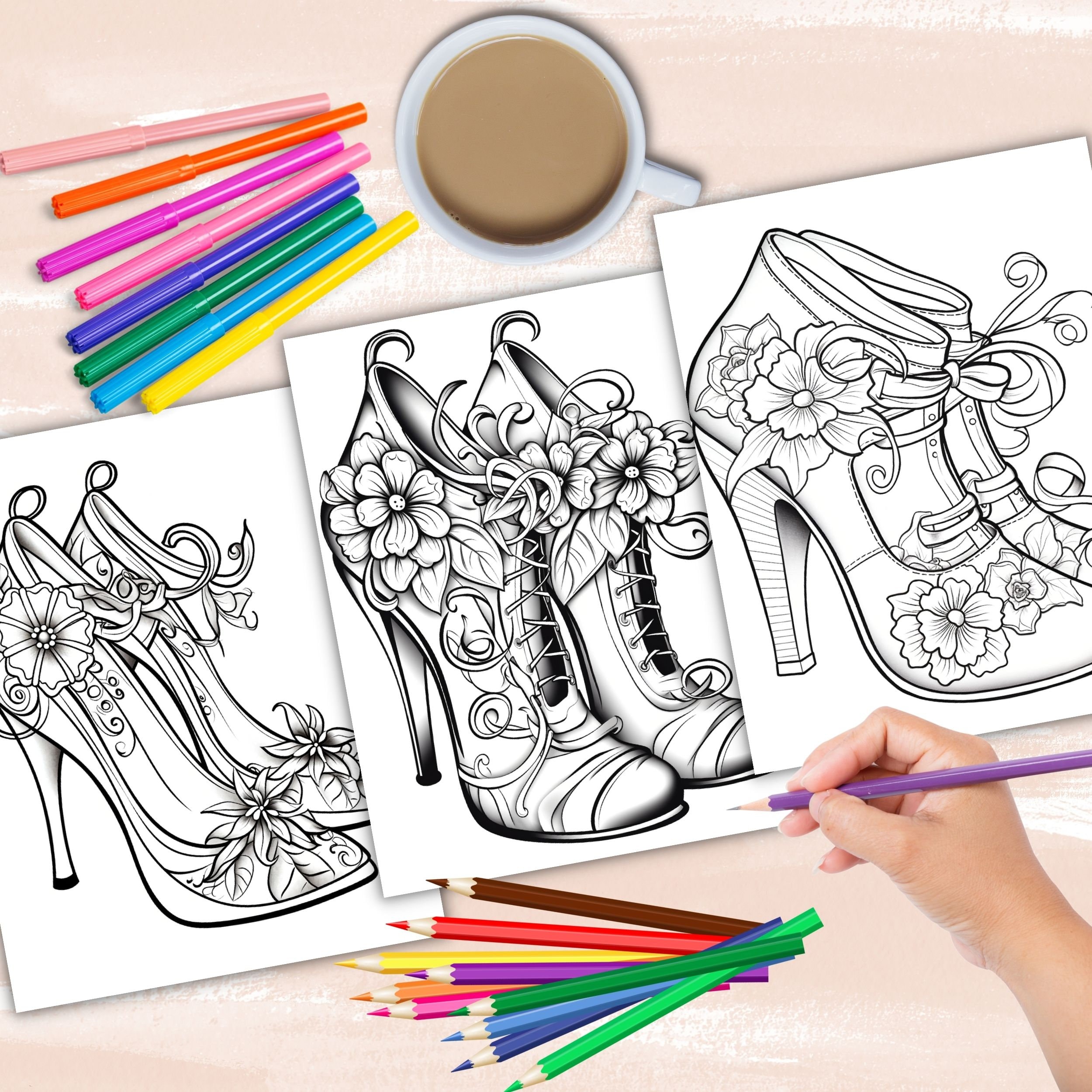 High Heel Fashion Shoes Coloring Book, Vintage Fashion Shoes Coloring ...