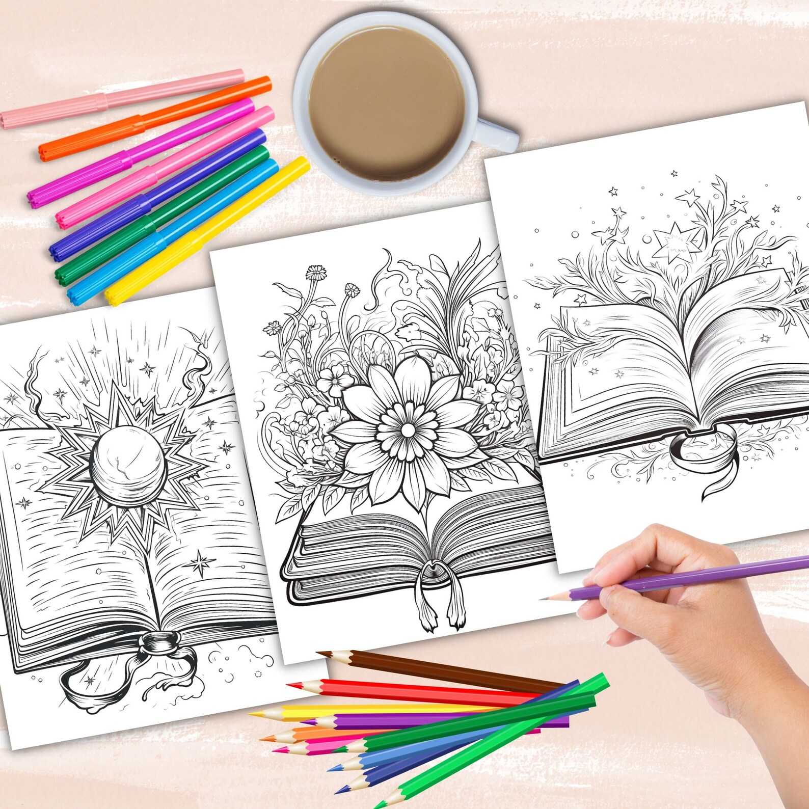 Spells and Grimoires Coloring Pages, Open Magic Book Coloring Book ...