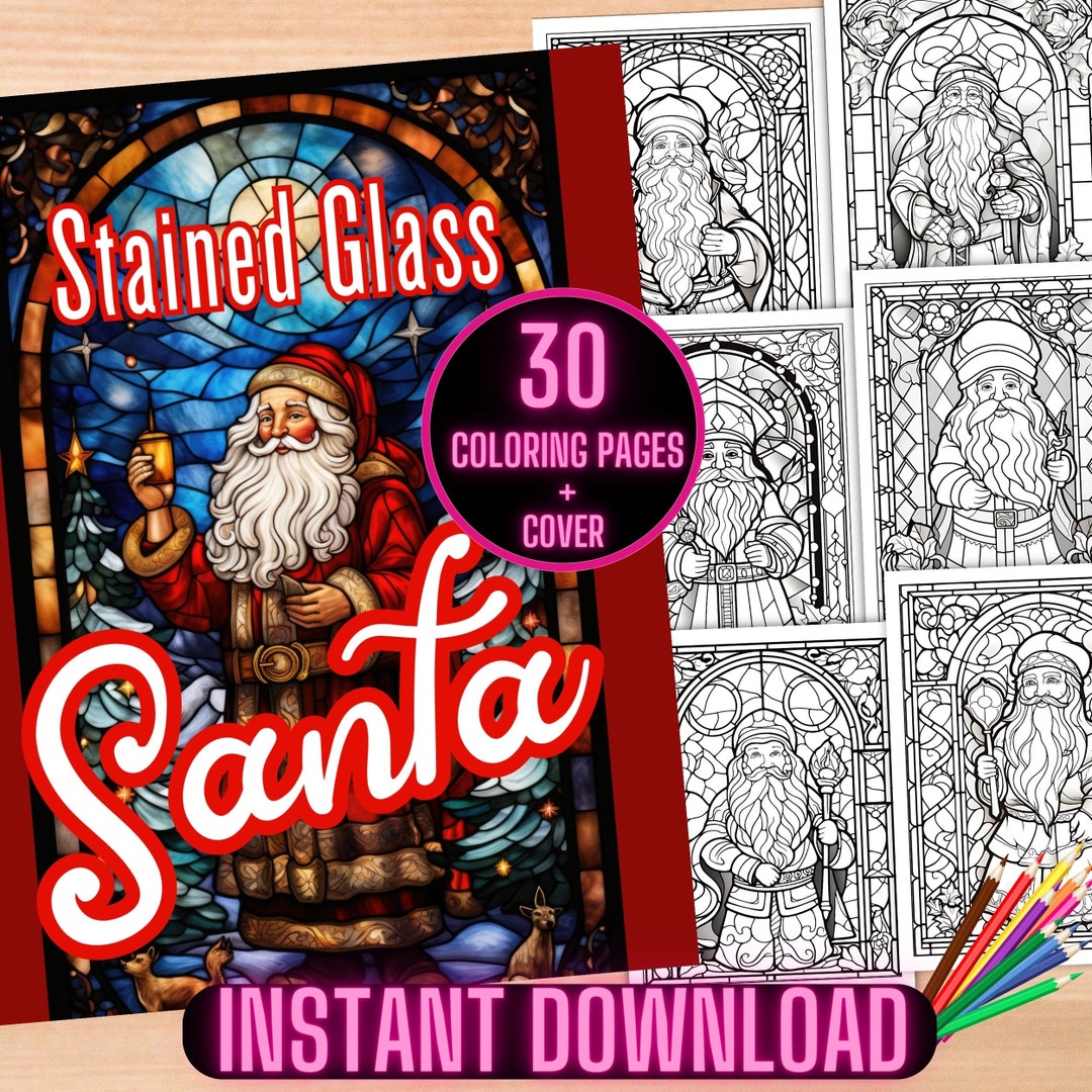 Stained Glass Santa Coloring Book, Merry Christmas Coloring, Santa ...