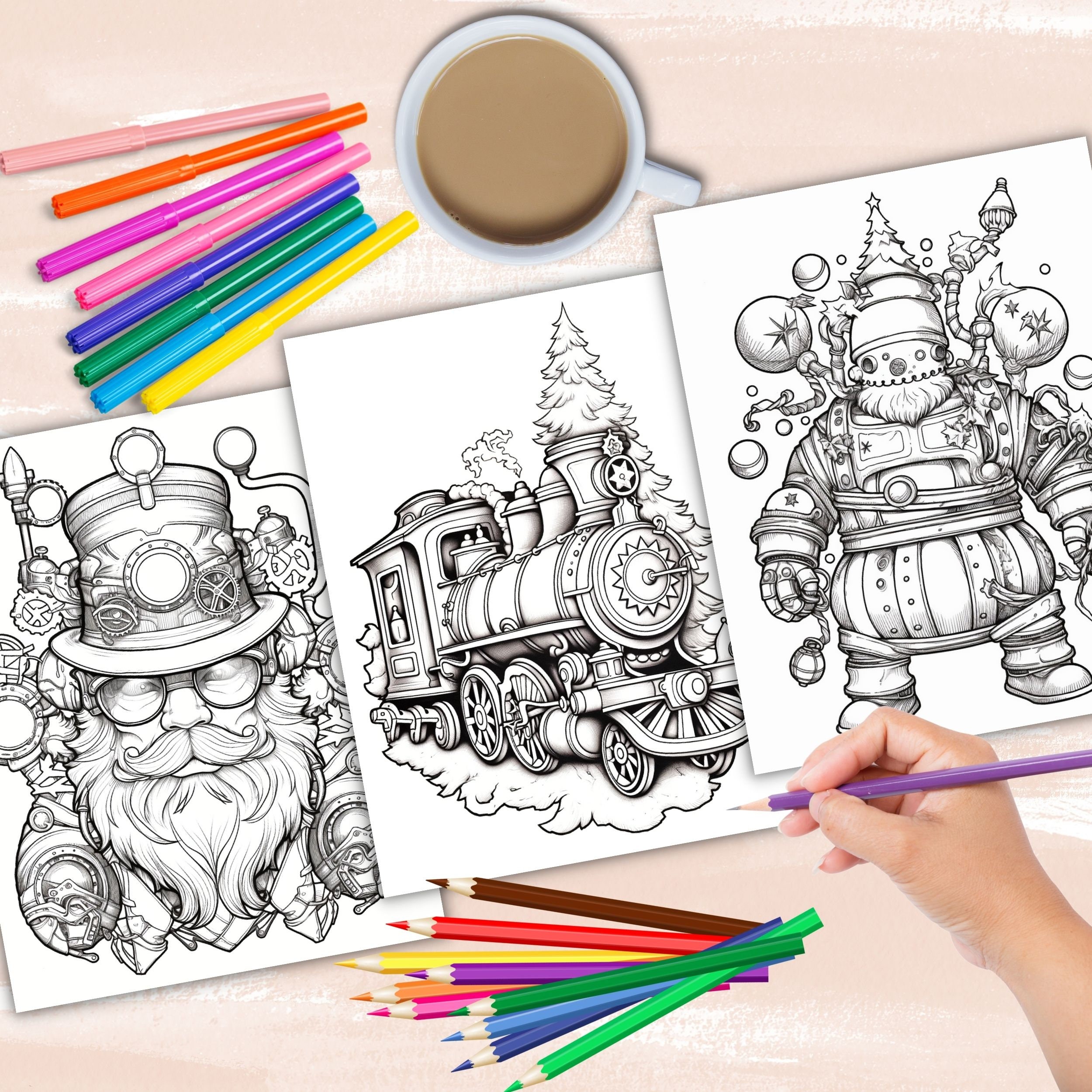 Steampunk Christmas Coloring Book, Christmas Trains Coloring, Clockwork ...