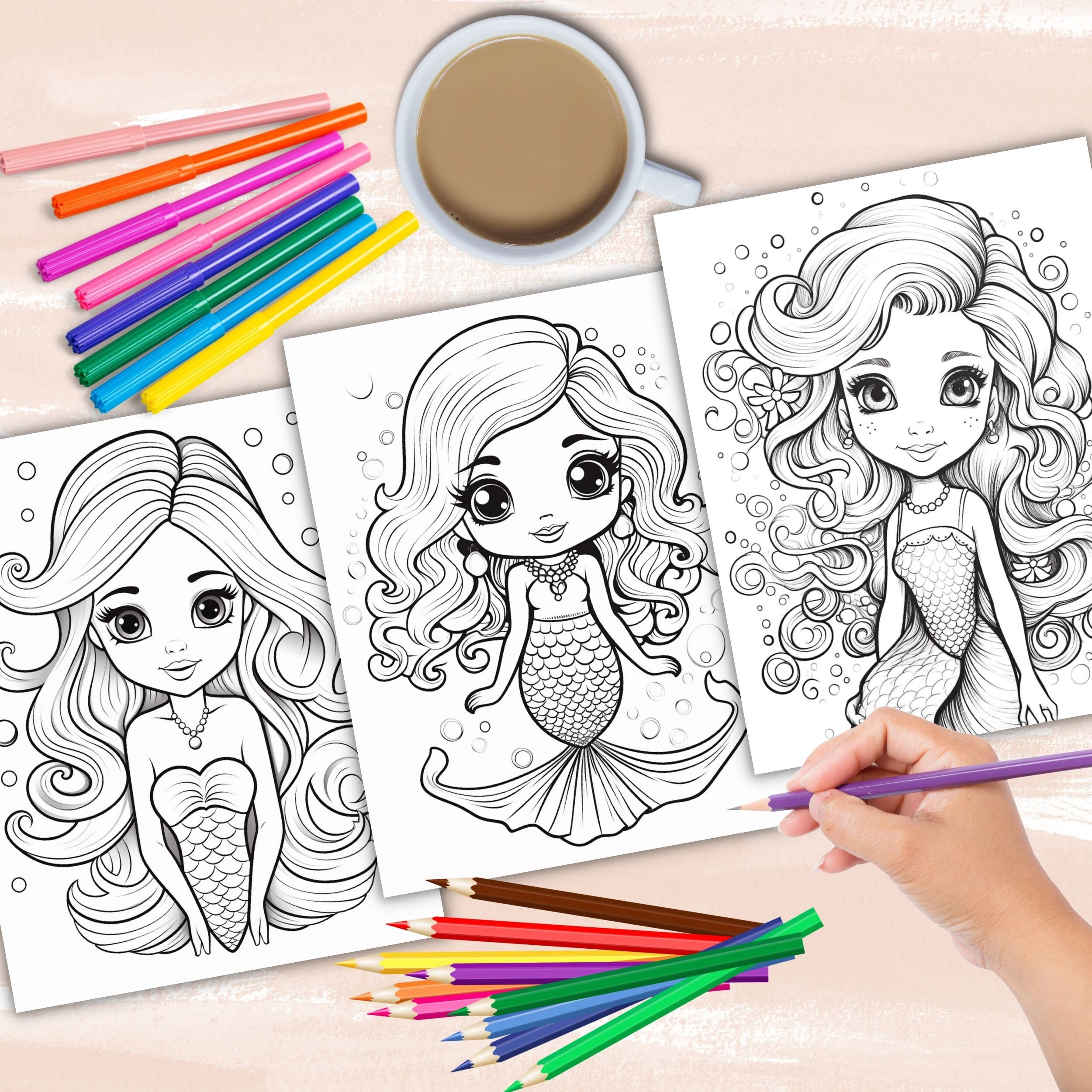 Cute Mermaids Coloring Pages, Ocean Fantasy Coloring Book, Mermaid ...