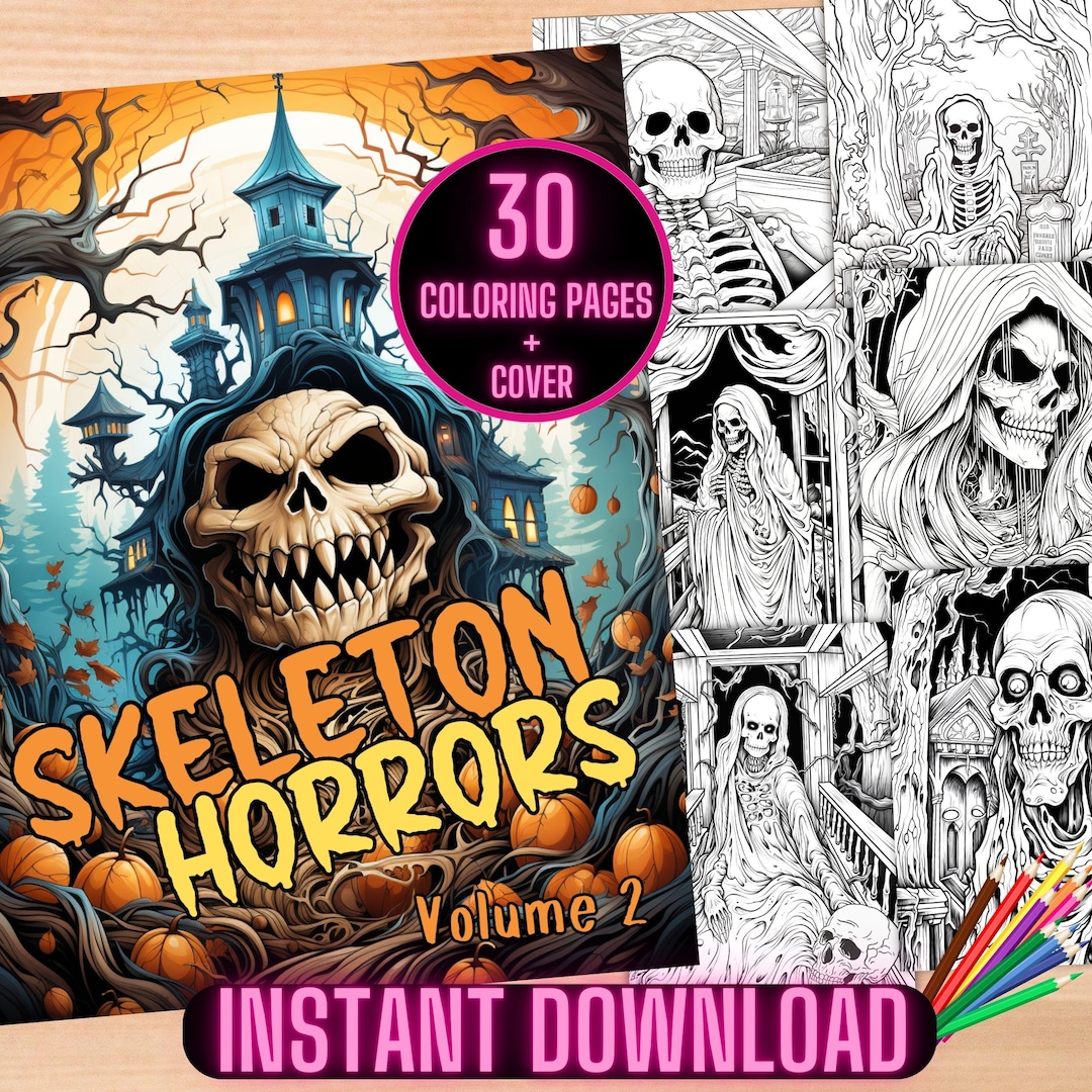Halloween Coloring Book, Grayscale Coloring Pages, Creepy Skeleton ...