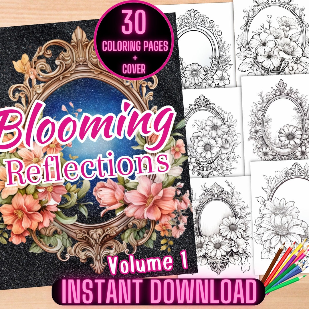 Flower Coloring Book, Floral Mirror Adult Coloring Pages, Printable ...
