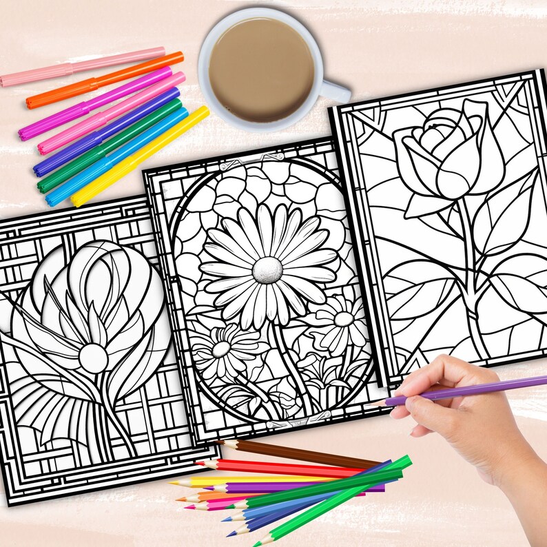 Stained Glass Flowers Coloring Book, Floral Coloring Sheets, Botanical ...